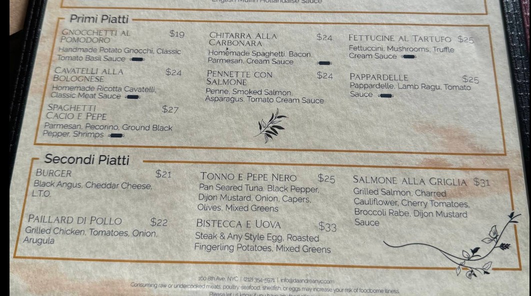 Da Andrea Chelsea Restaurant Menu | Authentic Italian Dining in NYC